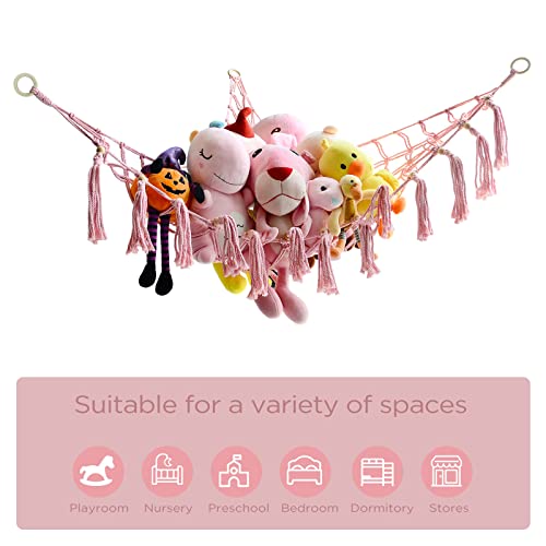 Pink Hammock with Wooden Beads and Fringe Toy Storage, Boho Room Decor, Bedroom Decor, Plush Toy Storage for Kids, Girls Bedroom Storage