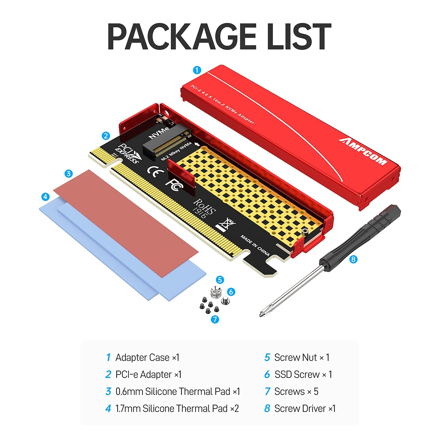 AMPCOM M.2 M Key Nvme SSD to PCI-e 4.0 Adapter, PCI Express 4.0 X16 Card with Aluminum Case, Supports Windows 7/8/ 10, Supports 2280
