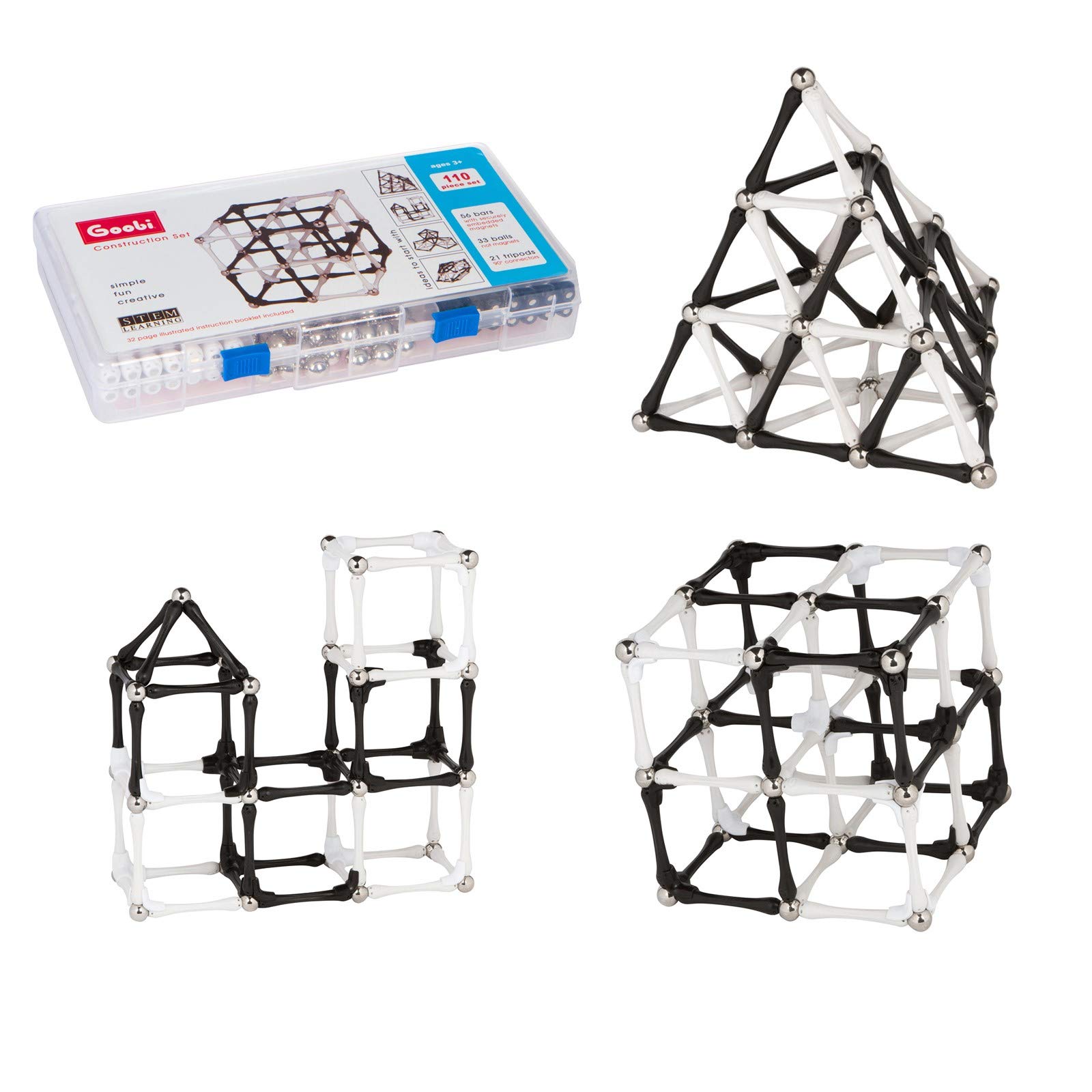Goobi 110 Piece Construction Black and White Set Building Toy Active Play Sticks STEM Learning Creativity Imagination Childrenβs 3D Puzzle Educational Brain Toys for Kids with Instruction Booklet