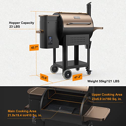 HiMombo Wood Pellet Grill and Smoker TWPG 570 sq, 8 in 1 BBQ Grill with 150-500β Auto Temperature Control, D2 Smoker Grill with Extendable Hopper, Foldable Table Legs and Cover, for Outdoor Grill,Smoke,Bake and Roast