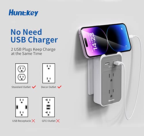 Outlet Extender with Multi Plugs, Huntkey Multi USB Plug Outlet Splitter W. Phone Cradle & 2 USB A Plug Charging Port (No Surge Protector)