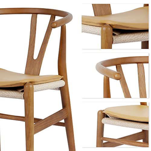 Forsho Wishbone Chair with PU Soft Seat Cushion,Mid-Century Solid Wood Y Back Weave Dining Chair(Ash Wood - Walnut + Cushion)