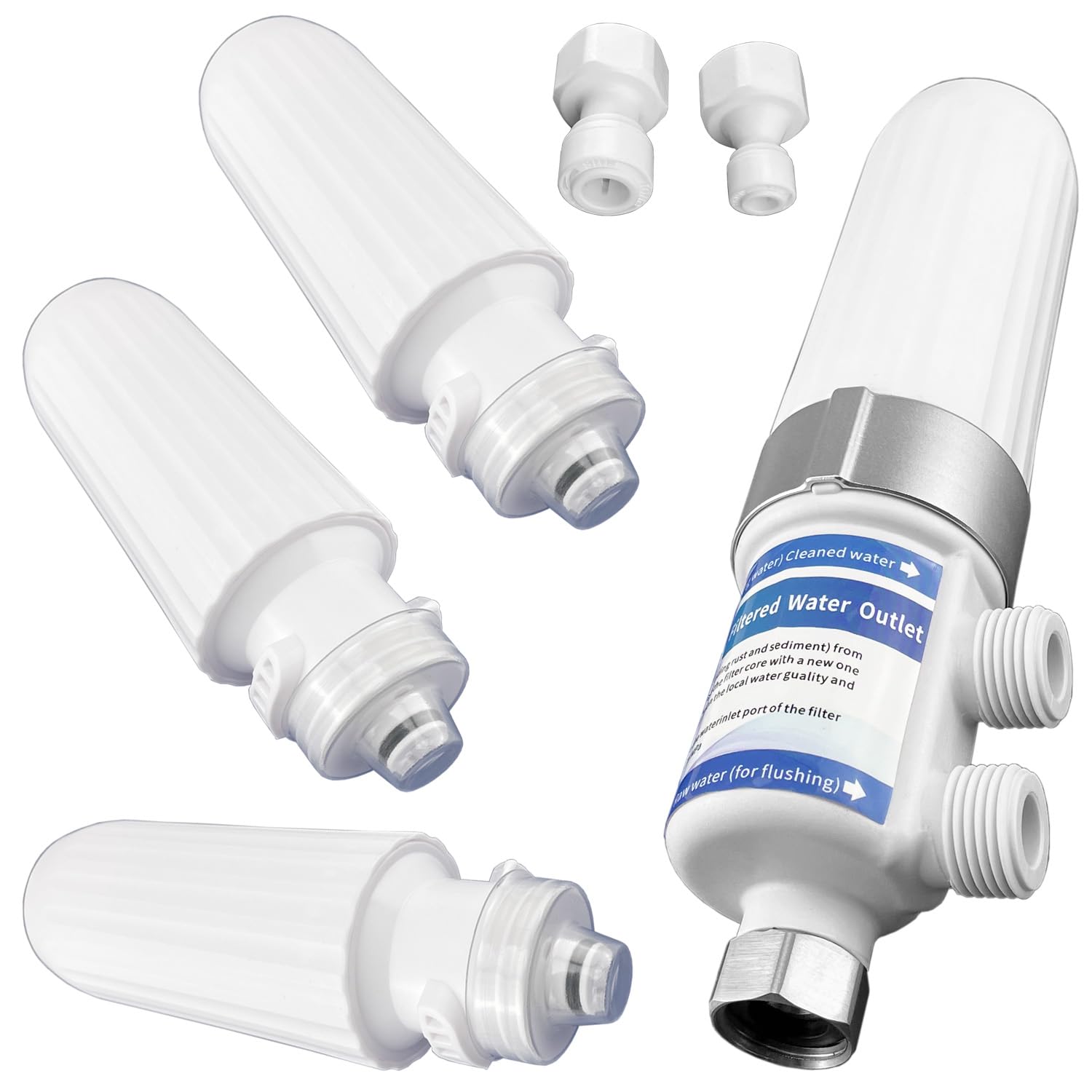 FANLIDE toilet water filter system, Bidet water filter for electronic bidet seats, with 4pcs replaceable filter cores and 2 adapters, compatible with 1/2" 1/4" 3/8" water hose