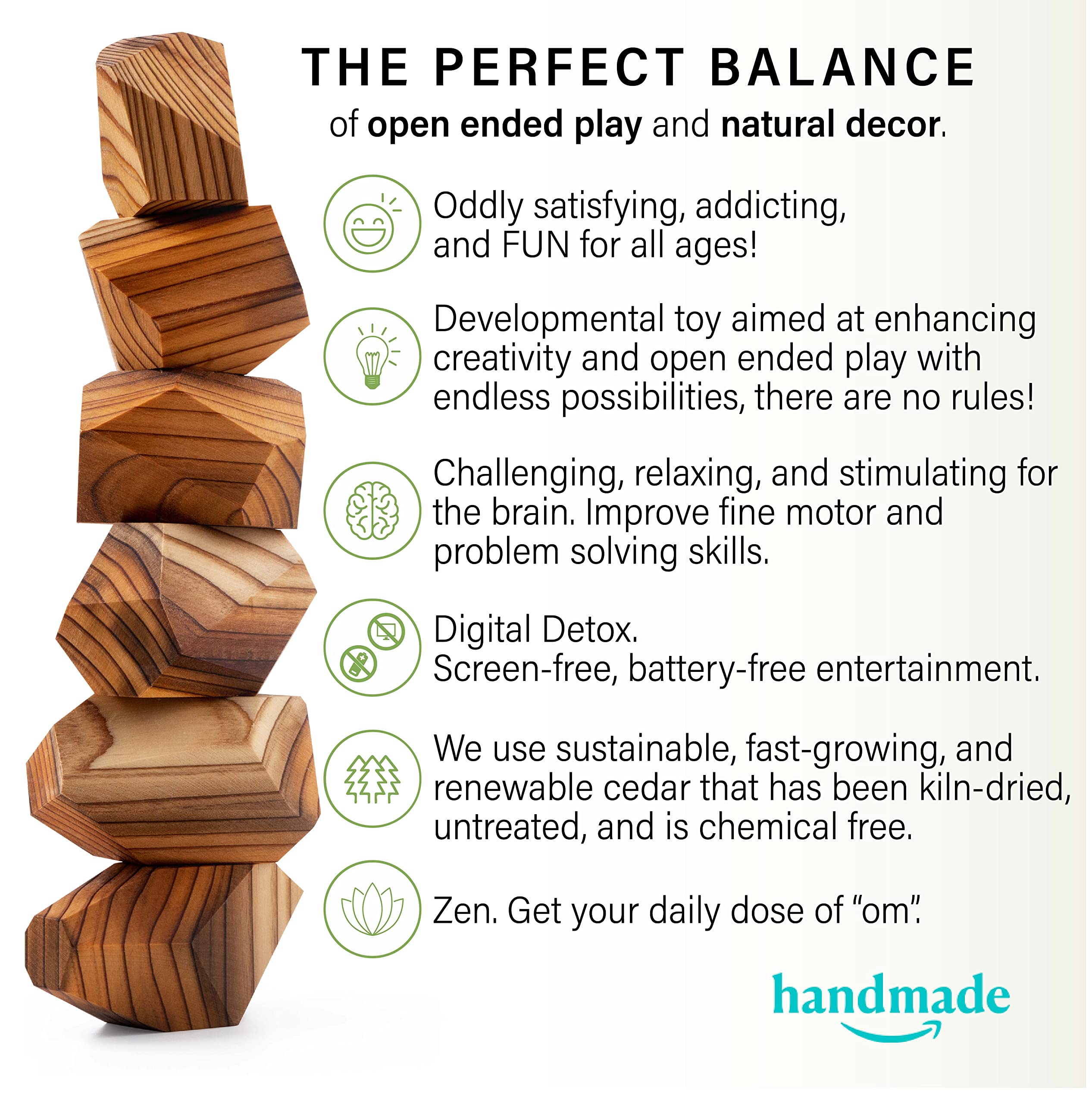 PERCHED Natural Cedar Stacking Rocks, Large Wooden Blocks, Montessori Puzzle Game, Toddler Toys For Classroom, Wood Balancing Stones Set (6 Pc)