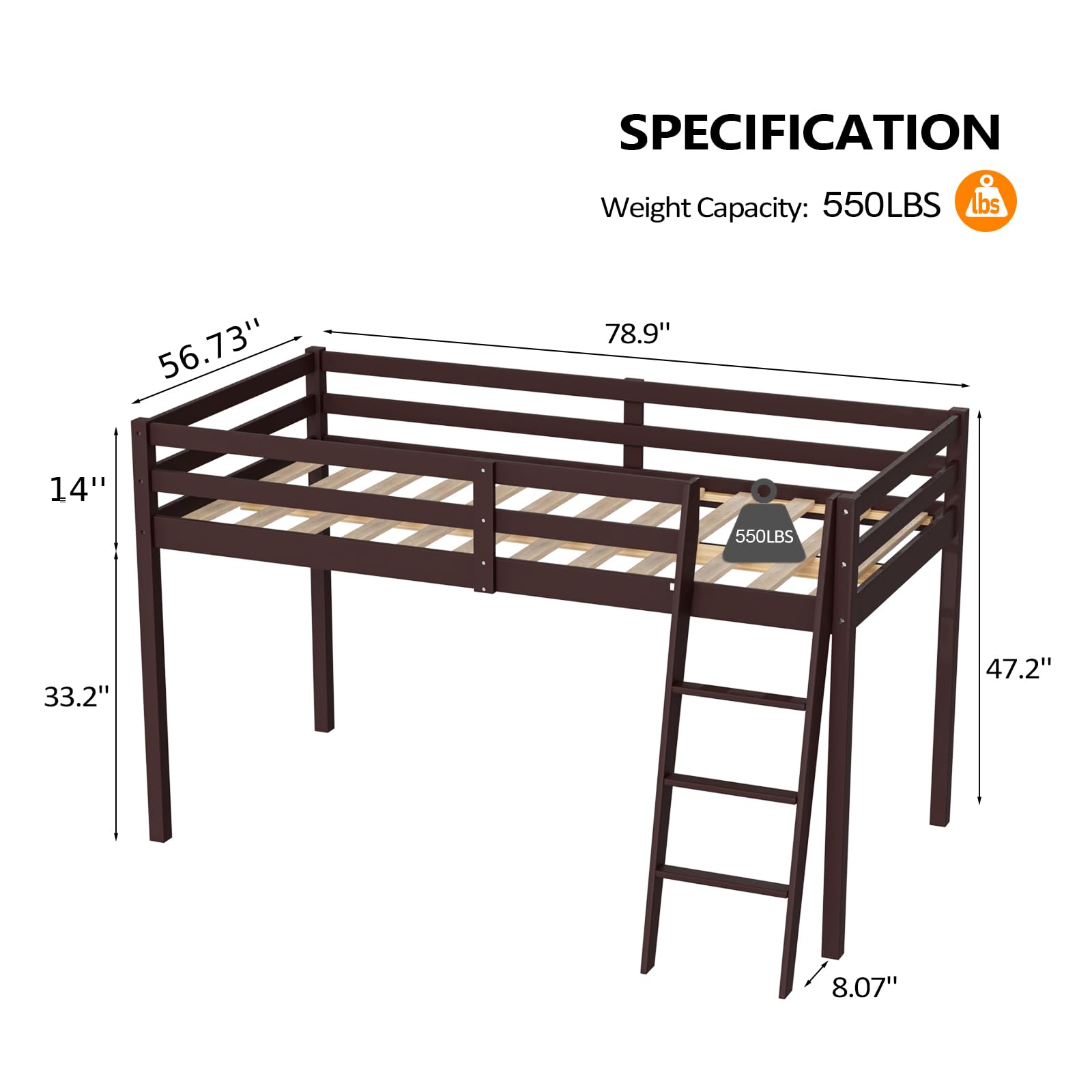VINGLI 47'' Tall Junior Low Loft Bed with Stairs, White Wood Loft Bed Twin Size for Adults, Kids and Young Teens, No Box Spring Required,Wood Slat Support