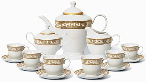 Euro Porcelain 57-pc Banquet Dinnerware Set Gold Greek Key - Luxury Tableware Dining Service for 8