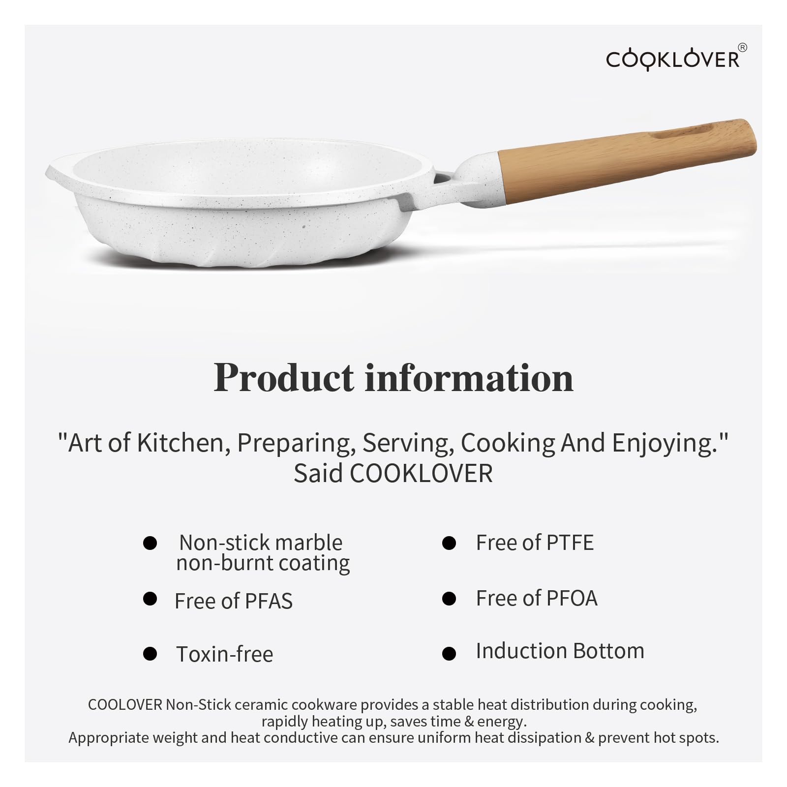 COOKLOVER Nonstick Frying Pan 100% PFOA Free Cookware Induction Skillet Stir Fry Pan (White, 7.9 inch)