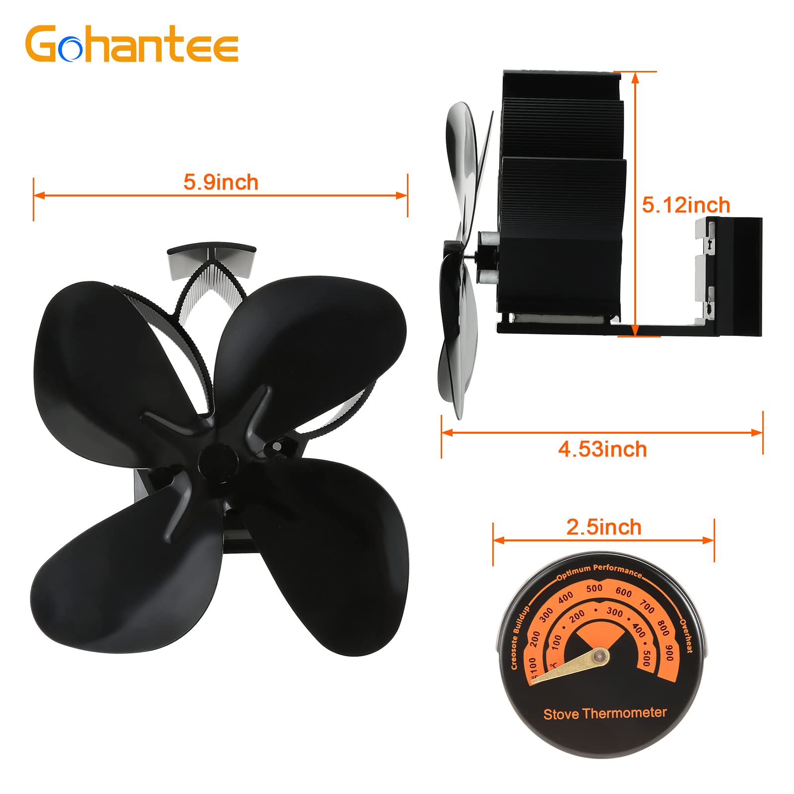 gohantee Heat Powered Stove Fan 4 Blades, Flue Pipe Hanging Fireplace Fan for Wood Logs Burners Fireplace Eco Friendly Efficiently Wood Stove Pipe Fan with Thermometer