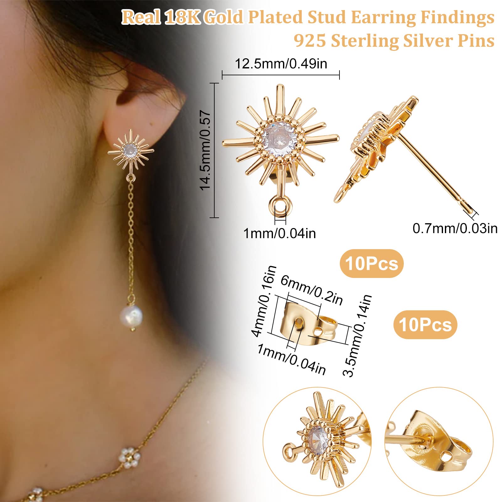 Beebeecraft 10Pcs/Box 18K Gold Plated Sun Earring Findings Cubic Zirconia Earring Posts with Sterling Silver Pins and Butterfly Earring Backs for DIY Earring Jewelry Making