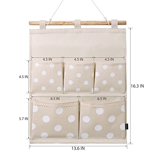Homecube Linen Cotton Fabric Wall Door Cloth Hanging Storage Bag Case 5 Pocket Home Organizer (White Polka Dots)