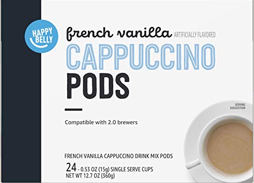 Amazon Brand - Happy Belly Cappuccino Coffee Pods, Light Roast, Compatible with K-Cup Brewers, French Vanilla Flavored, 24 Count
