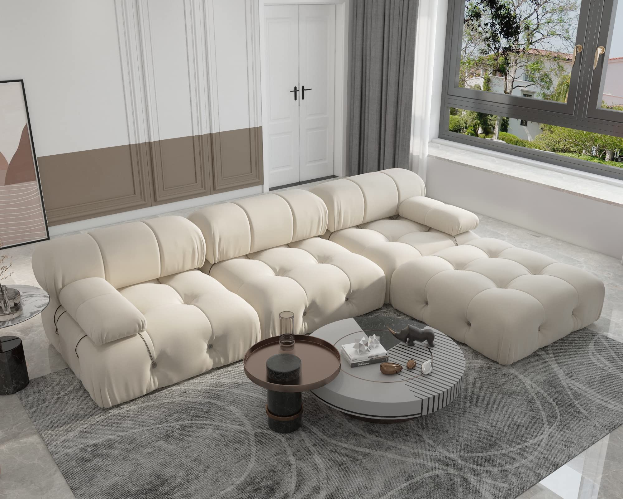 Sdorens Modern Velvet Sectional Sofa, L Shape Minimalist Modular 4-Seater Sofa with Ottomans for Living Room Office Apartment (104in/Beige)