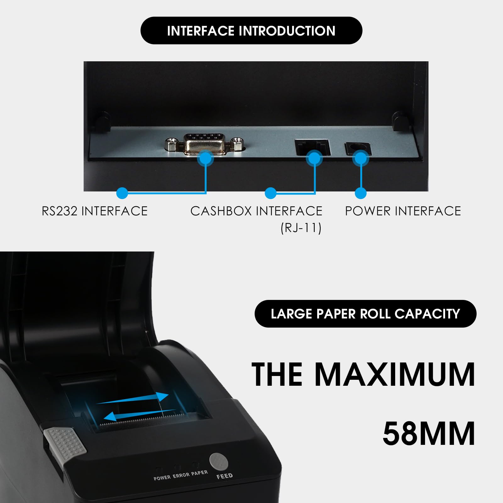 NUCOUN Receipt Printer VCP-58PLUS 58mm Thermal POS Receipt Printer, RS-232 Serial & Cash Box Interface,Connect VC-7 VC-3 Money Value Counter with RS-232 Cable
