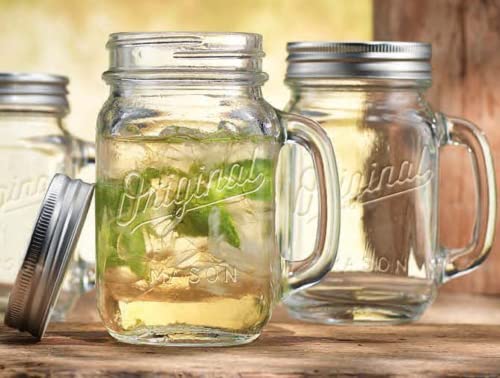 Mason Jar 16 Oz. Glass Mugs with Handle and Lid Set Of 4 - Home Essentials & Beyond - Old Fashioned Drinking Glass Bottles Original Mason Jar Pint Sized Cup Set.