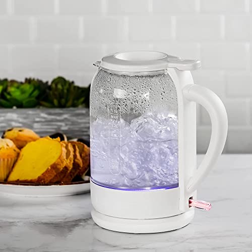 OVENTE Electric Glass Kettle 1.5 Liter 1500W Instant Hot Water Boiler Heater with ProntoFill Tech, Boil-Dry Protection, Automatic Shut Off, Fast Boiling for Tea & Coffee, White KG516W