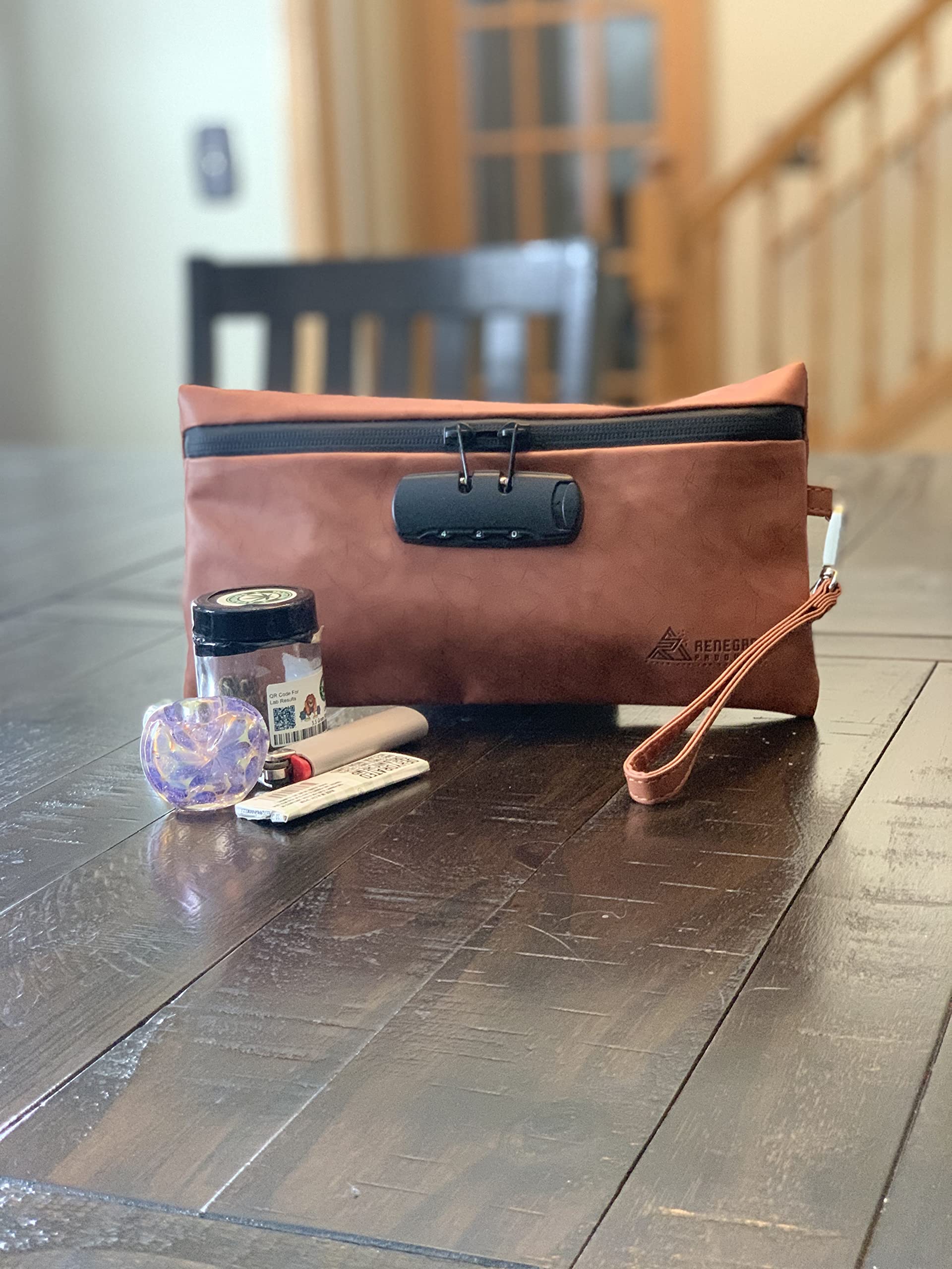 iRenegade locking cash drop money bag with 3 digit personal combination lock travel security leather finish wristlet clutch bag odor absorbing + smell proof (lite brown)