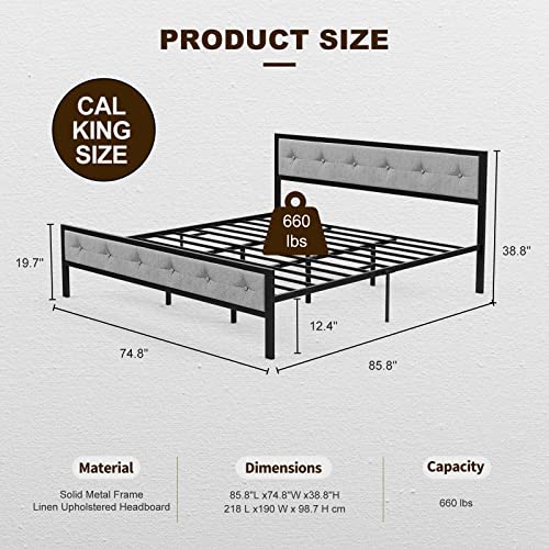 IKIFLY Metal California King Size Bed Frame with Upholstered Linen Headboard Footboard, Mattress Foundation, Heavy Duty Metal Slats, Easy Assembly, No Box Spring Needed - Light Grey/Cal King