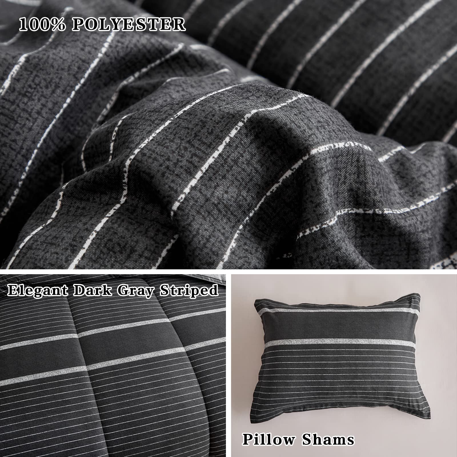 Flysheep 3 Pcs Boho Striped Comforter Set Twin Size for Kids, White Striped on Black Dark Grey Soft Microfiber Reversible Bedding Set for All Season