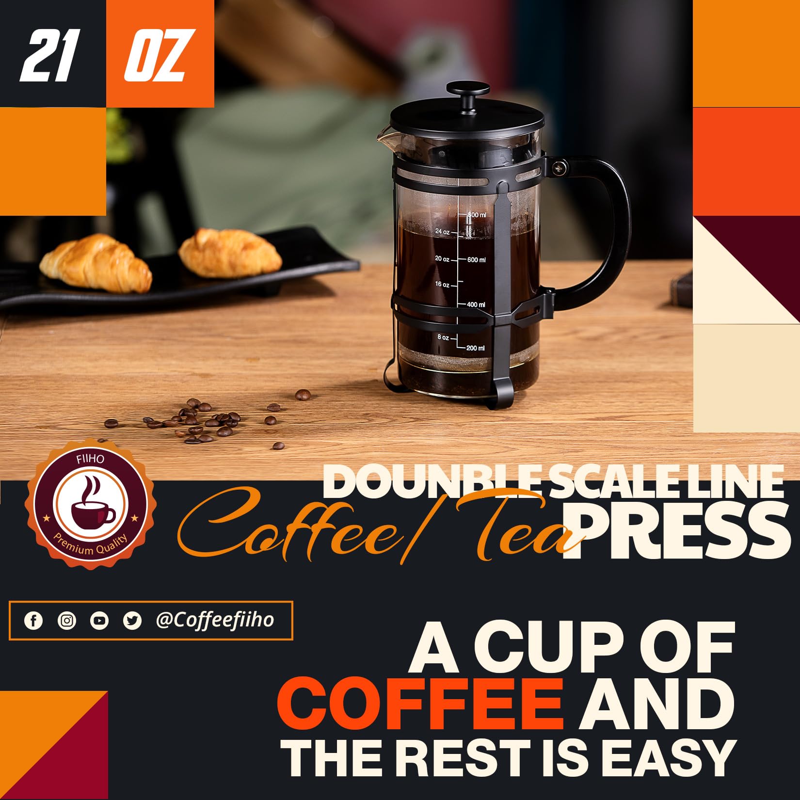 French Press Coffee Tea Maker(21oz),304 Stainless Steel Coffee Press with 4 Filters Screen-100% No Residue -German Heat-Resistant Borosilicate Glass- BPA FREE -Dishwasherable,Black