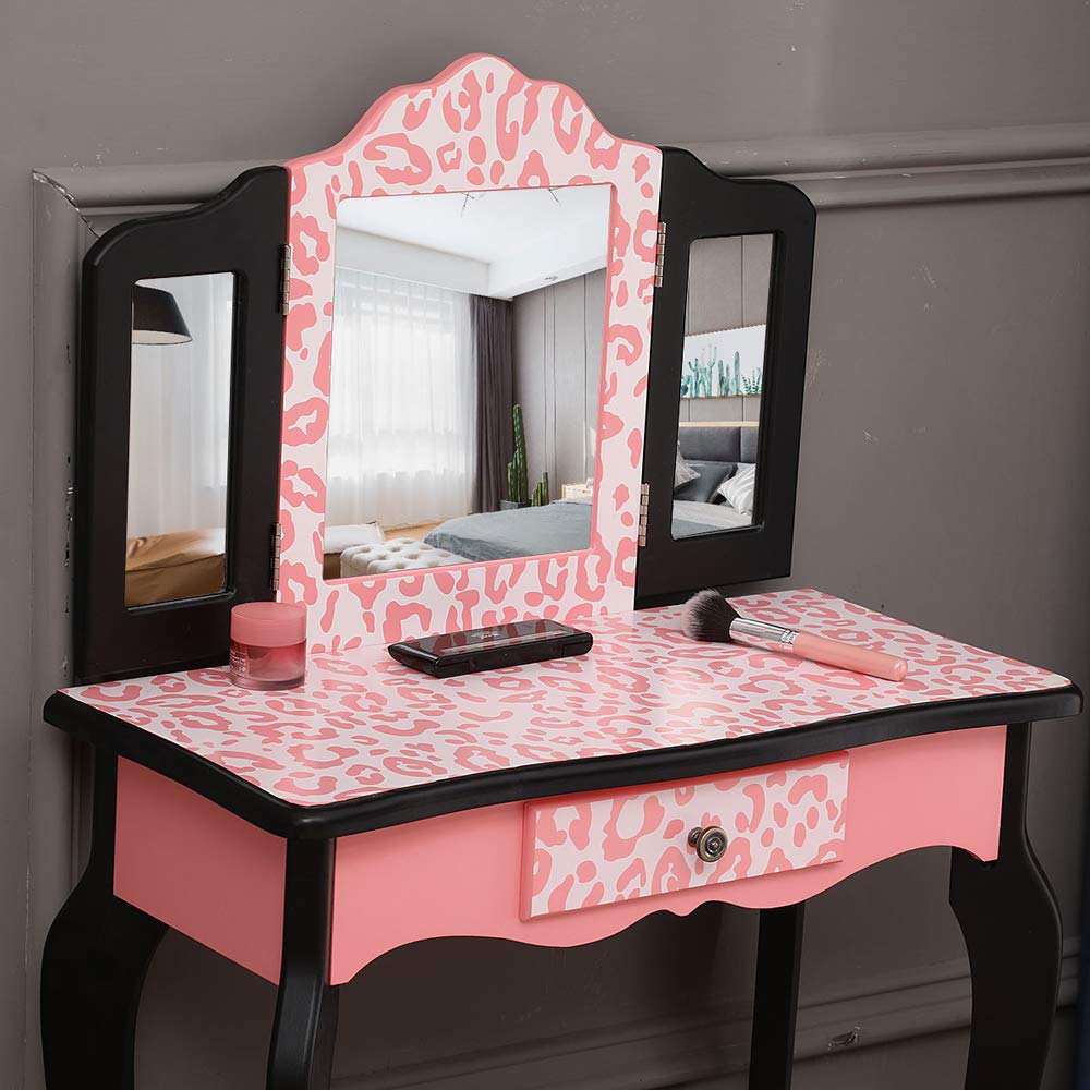 Vasitelan Kids Vanity Set with Mirror and Drawers,Little Girls Vanity Set with Stool for Bedroom,Vanity for Kids with Folding Mirror,Kids Makeup Vanity Dressing Table