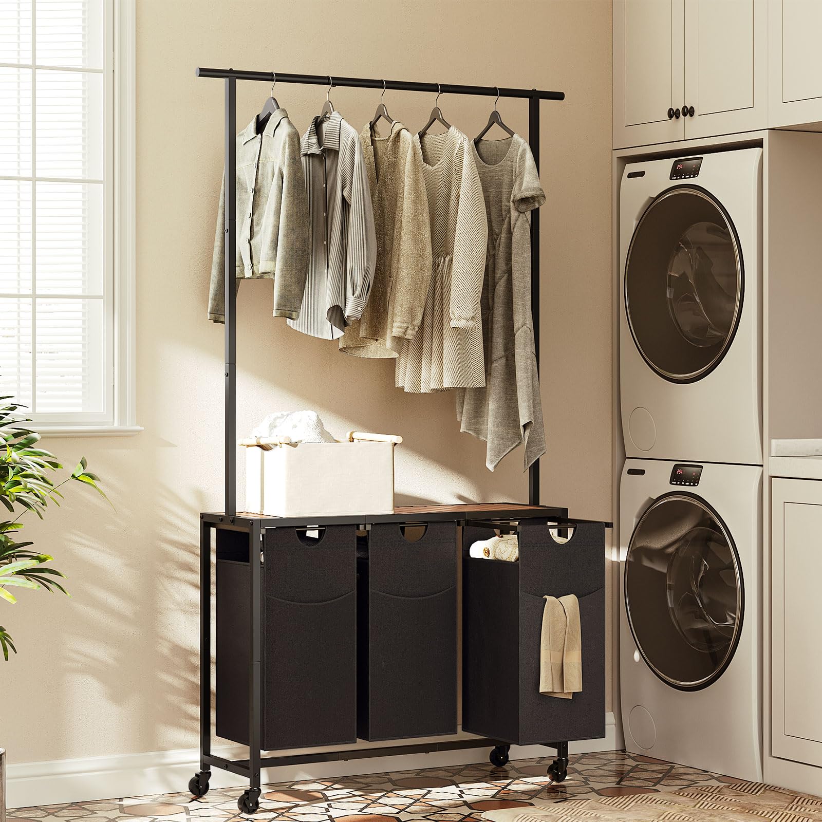 YATINEY Laundry Sorter, Laundry Hamper with Hanging Rack, Laundry Sorter 3 Section, Laundry Basket with Wheels, Hampers for Laundry, Laundry Basket Organizer for Laundry Room, Rustic Brown LS37BR