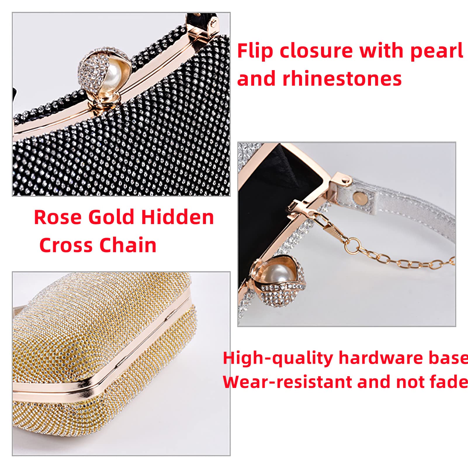 Anopo Rhinestones Clutch Purses Evening Handbag Bag Sparkly Bridal Lady Crossbody Chain Strap for Wedding Party Prom Club Black