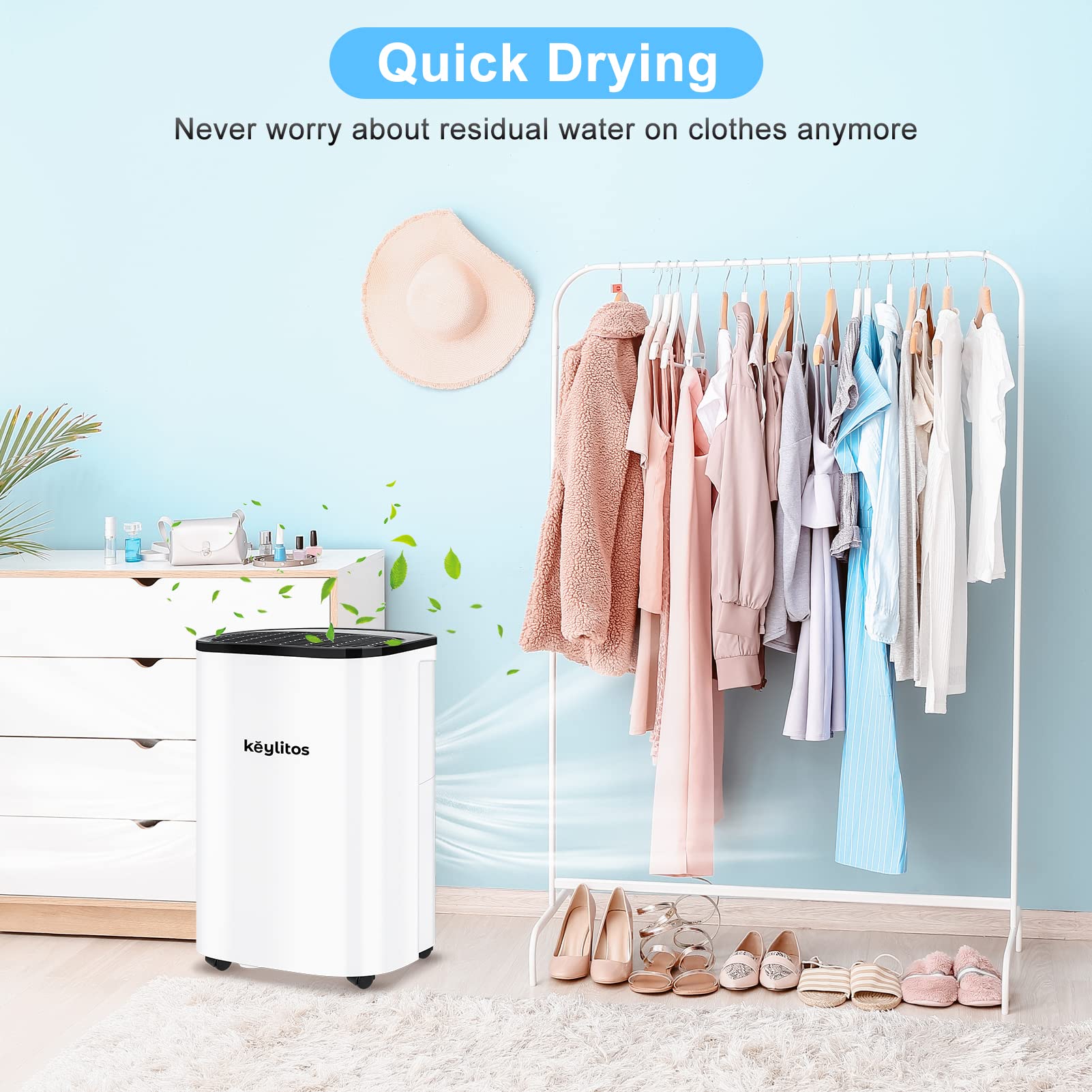 Keylitos 12L Day Dehumidifiers for Home and Basements,Quiet Dehumidifier with Drain Hose, with Digital Humidity Display, Auto or Manual Drainage for Large Room, Garage, Bedroom, Bathroom