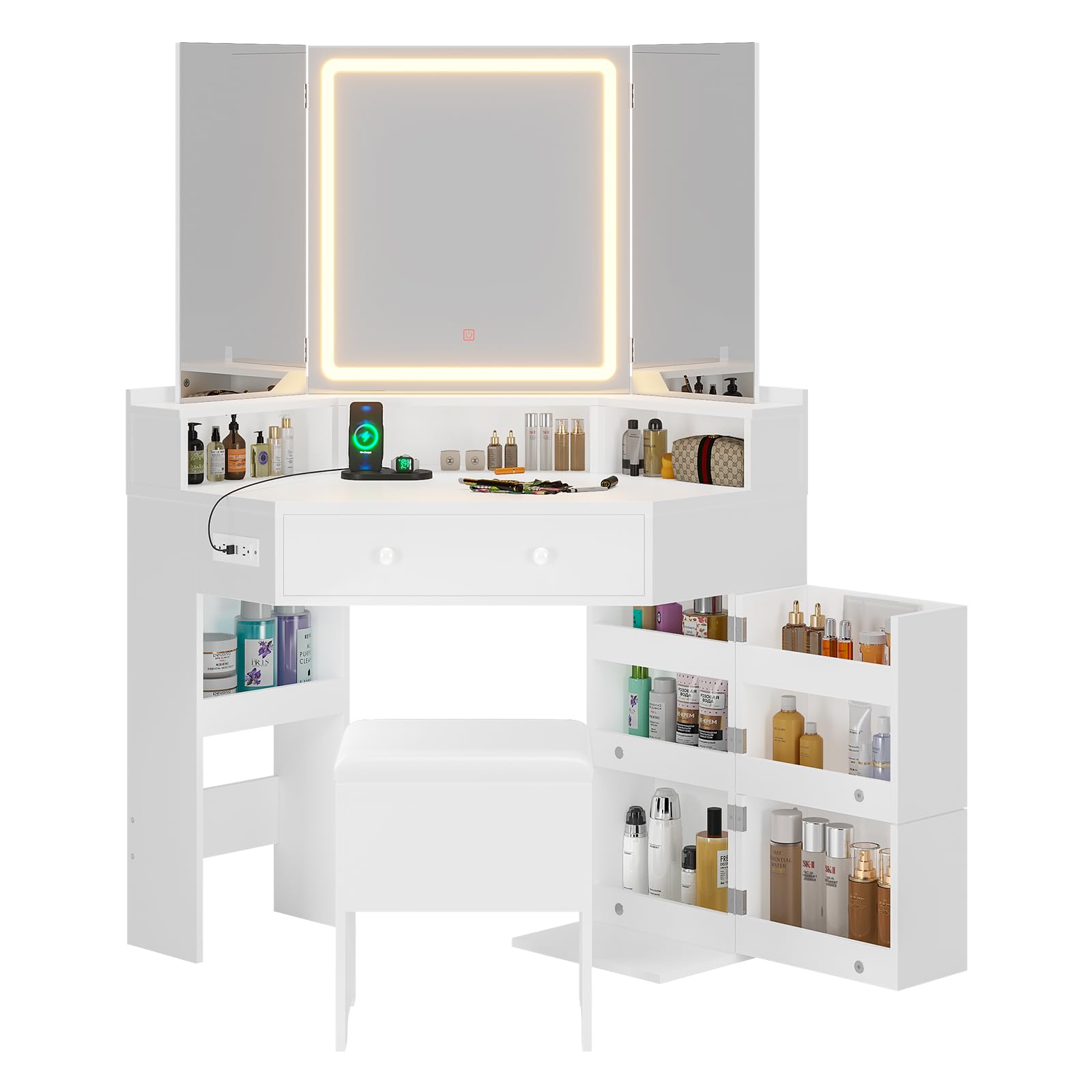 BTHFST Corner Vanity with Tri-Fold Mirror & Cushioned Storage Stool, Makeup Vanity with Charging Station, Vanity Desk with Mirror and Lights, Makeup Table with Drawers, Shelves, Black