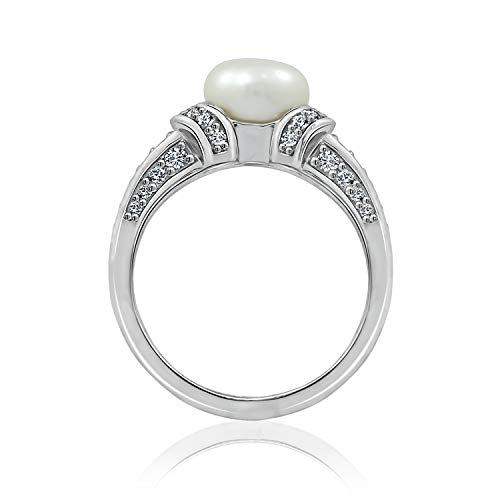 Amazon Collection Platinum Plated Sterling Silver Infinite Elements Cubic Zirconia Freshwater Cultured Pearl Ring, Size 7