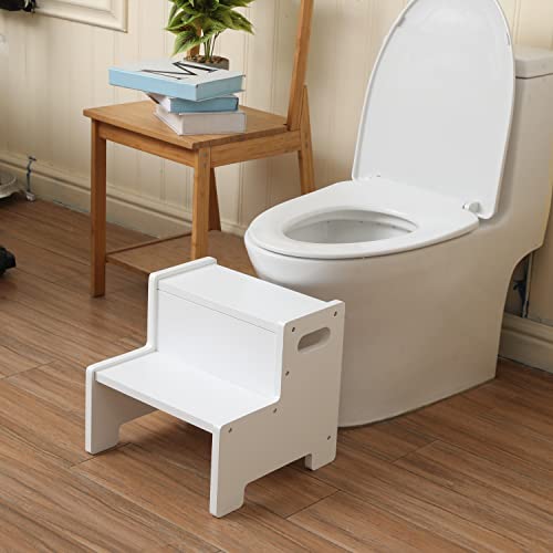 Wooden Step Stool,Two Step Stool for Kids/Adults,Supports 200 lbs Kids Toddler Stepping Stool Toilet/Kitchen/Bed Step Stool,White