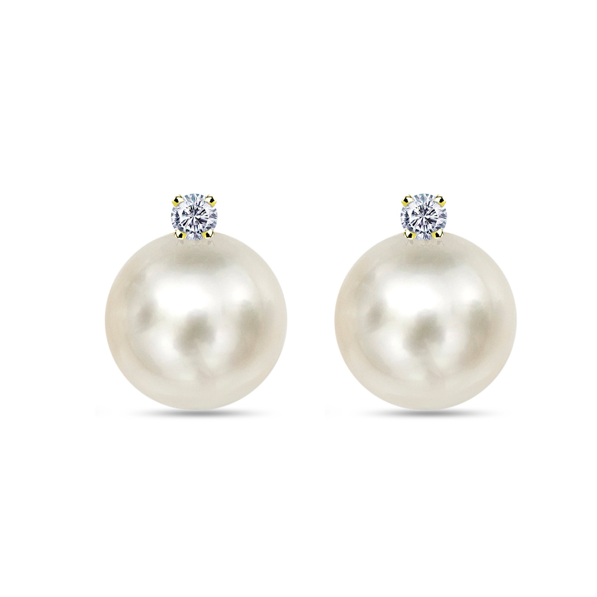 Amazon Collection 14k Yellow Gold 1/16cttw Diamond with 10-10.5mm Round White Freshwater Cultured Pearl Stud Earrings