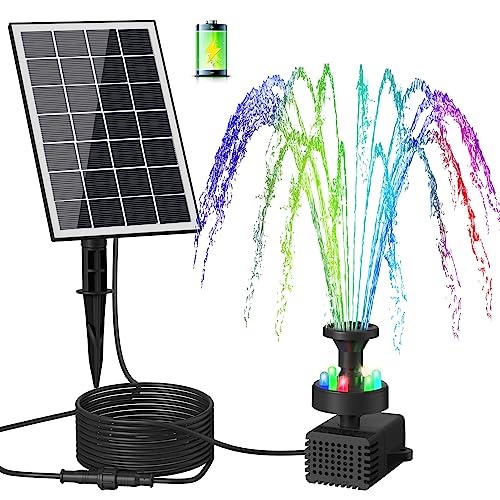 GAIZERL Solar Fountain with 2000 Battery - Work On Cloudy Days - 2023 Upgrade 3.5W Glass Panel Solar Powered Bird Bath Water Pump with Stakes, 16.4ft Cable, Colorful LED Lights, 7 Nozzles for Garden