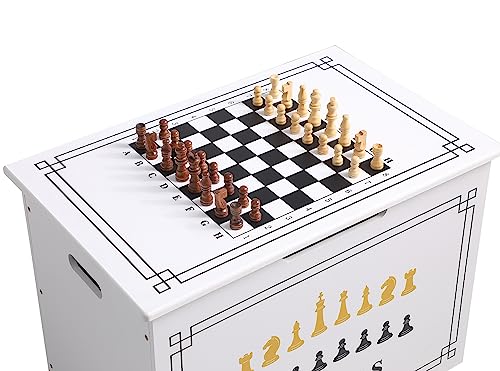 Wooden Toy Box and Storage Chest with Chess and Safety Hinge for Kids and Babies – Girls and Boys - White