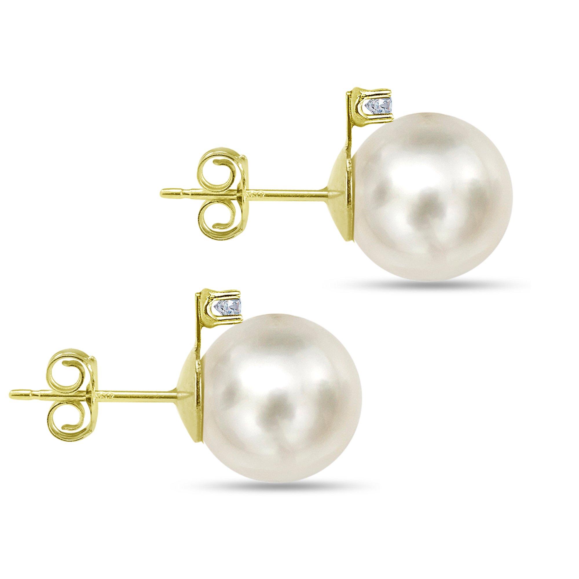 Amazon Collection 14k Yellow Gold 1/50cttw Diamond with 9-9.5mm Round White Freshwater Cultured Pearl Stud Earrings