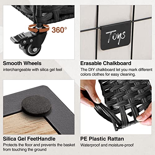 GREENSTELL Storage Basket with Wheels and Lid, 65L Handwoven Large Shelf Basket with Cotton Liner and Metal Frame, Foldable & Easy to Install, Storage Box Basket Bin with Handle Black