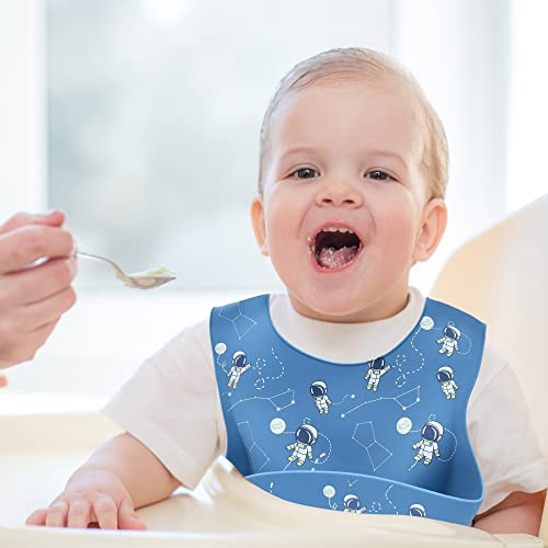 GAJIGAJI Waterproof Silicone Baby Bib, Easy Clean Quick Drying Soft and Comfortable Feeding Bucket Bib, Keep Stain off (Astronaut)