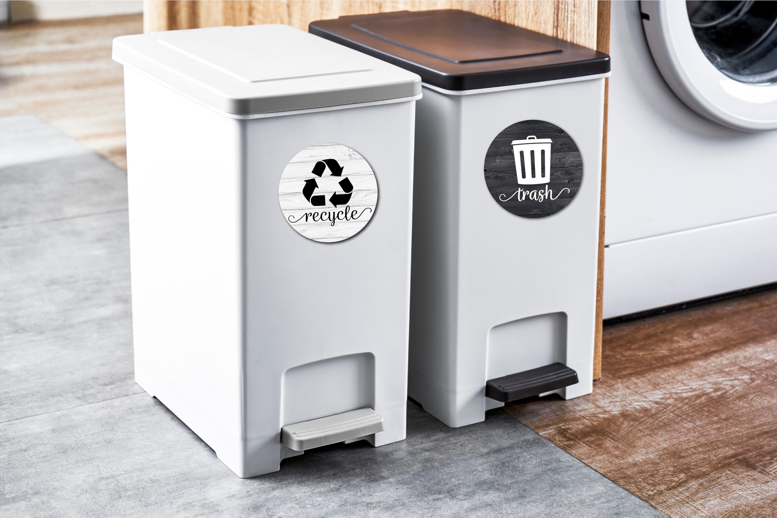 Rustic Trash Recycle Magnets for Kitchen Trash Can and Recycle Bin, Farmhouse Garbage Can Logo Symbol Magnet, 3.5 Inch Recycle Magnet for Trash Can with 4 Adhesives, Made in USA, Combo Wood