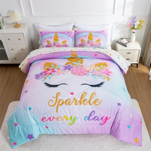 NTBED Unicorn Twin Comforter Set with Sheets,5 Pieces Kids Bedding Sets for Girls, Lightweight Microfiber Star Rainbow Bed in a Bag,Blue Purple