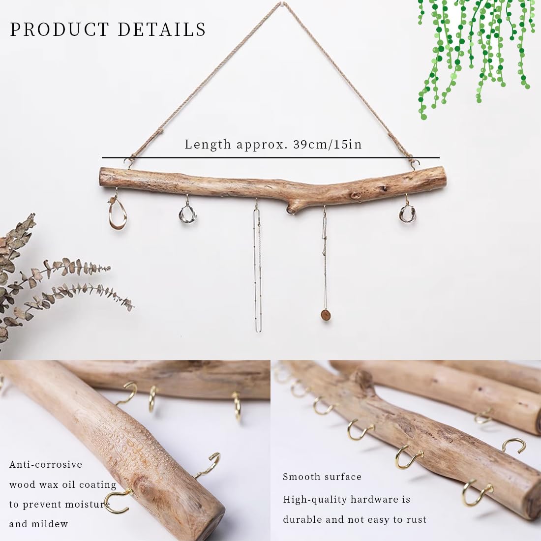 Logs for Decoration Natural Driftwood Decorative Branches Home Wall Hanging Decor Jewelry Organizers with 5 Hooks (15 Inch)