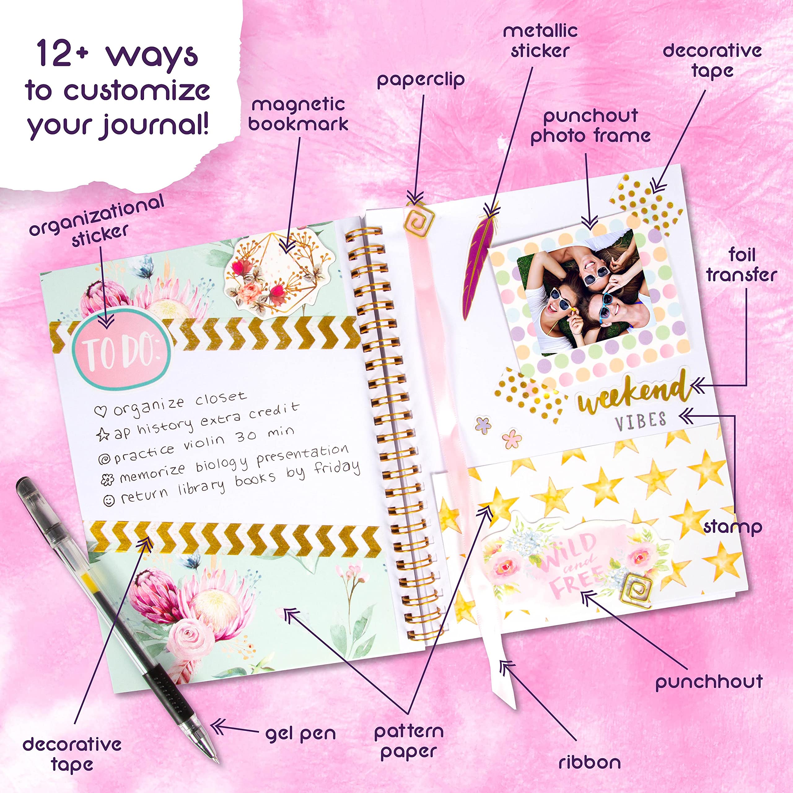 Good Vibes Journal DIY Set by Craft Vibes Only β Personalized Diary - Custom Journals for Girls - Creative Writing Scrapbook Kit - Customize Your Notebook - Pen Included! - Ages 8 & Up