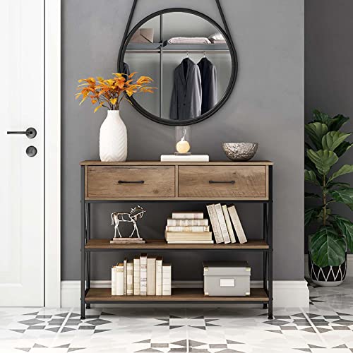 HITHOS Industrial Console Table with Drawers, Vintage Hallway Foyer Table with Storage Shelves, Narrow Long Sofa Entryway Table for Living Room, Rustic Brown