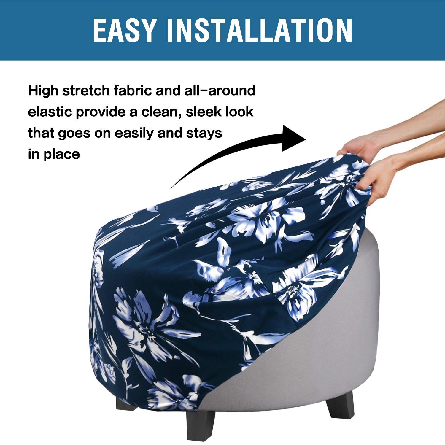 H.VERSAILTEX Super Stretch Ottoman Covers Slipcover Round Ottoman Slipcover Folding Storage Stool Furniture Protector Feature Soft Thick Bouncy Modern Style with Elastic Bottom(Ottoman X-Large, Navy)