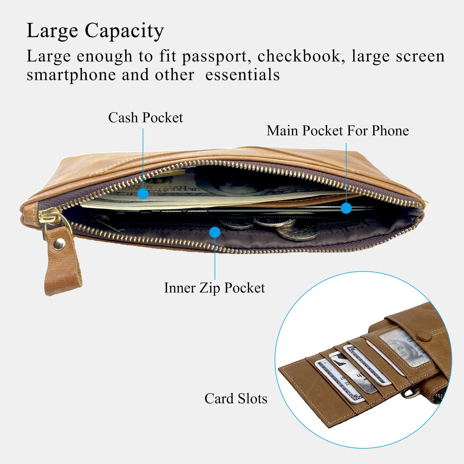 IVESIGN RFID Blocking Leather Wallet for Women, Genuine Leather Slim Wristlet Clutch with Phone Holder, Credit Card Organizer, Coin Purse & Removable Strap β Brown