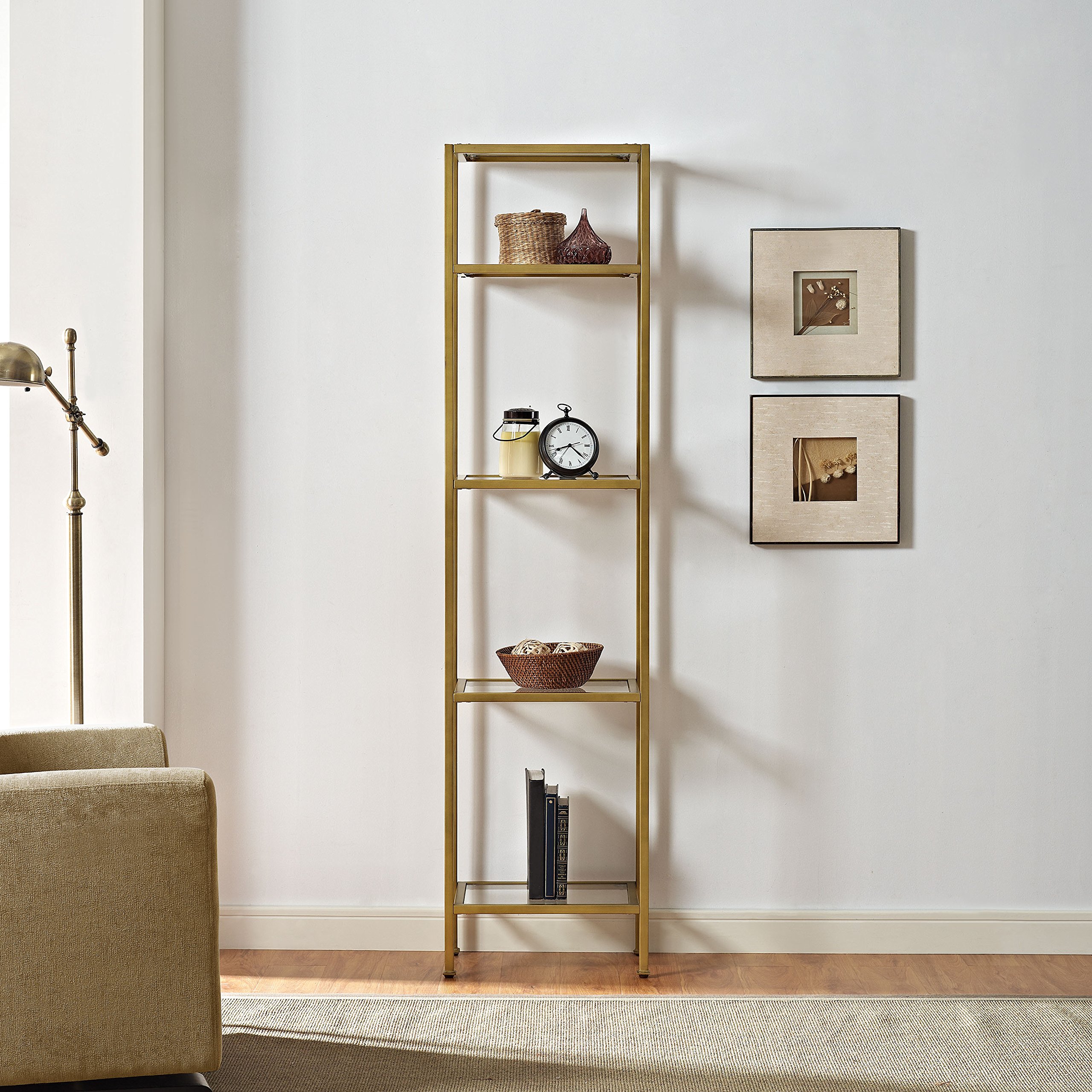 Crosley Furniture Aimee Narrow Bookshelf with Glass Shelves, Bookcase Storage, Gold and Glass