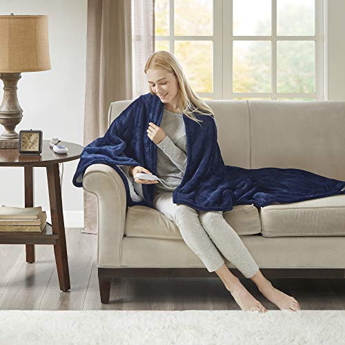 Woolrich Heated Plush to Berber Electric Blanket Throw Ultra Soft Knitted , Super Warm and Snuggly Cozy with Auto Shut Off and Multi Heat Level Setting Controllers, Throw: 60x70", Indigo