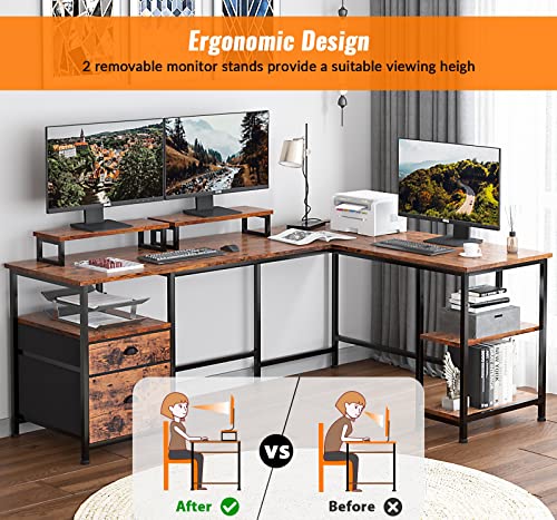 Furologee 66" L Shaped Computer Desk with Shelves, Corner Gaming Desk with File Drawer and Dual Monitor Stand, Large Home Office Desk Writing Study Table Workstation, Rustic Brown