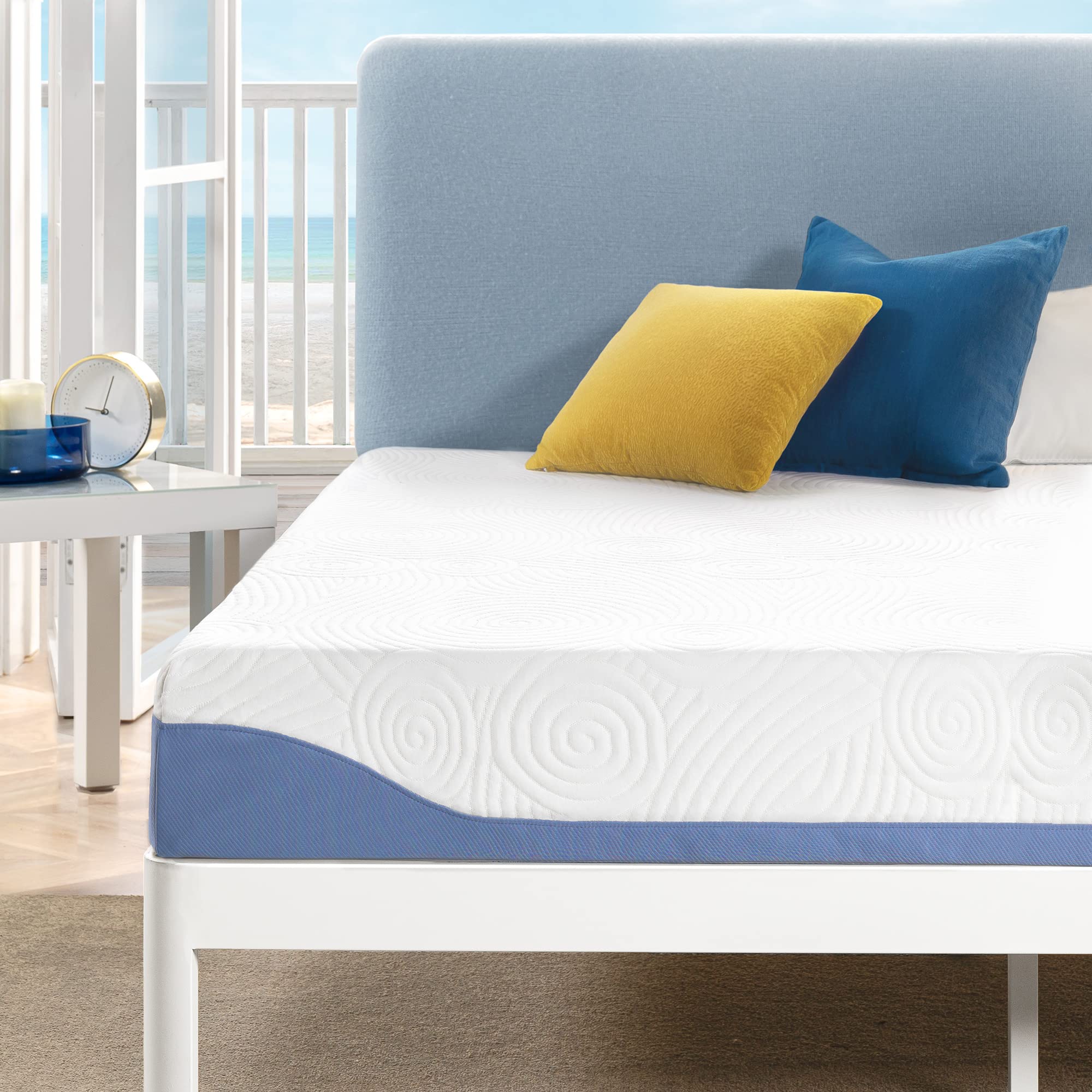Mellow 8 Inch Cooling Gel-Infused Memory Foam Bed Mattress, Medium Firm Sleep and Breathable Fabric Cover, Queen, Mattress in A Box, Blue