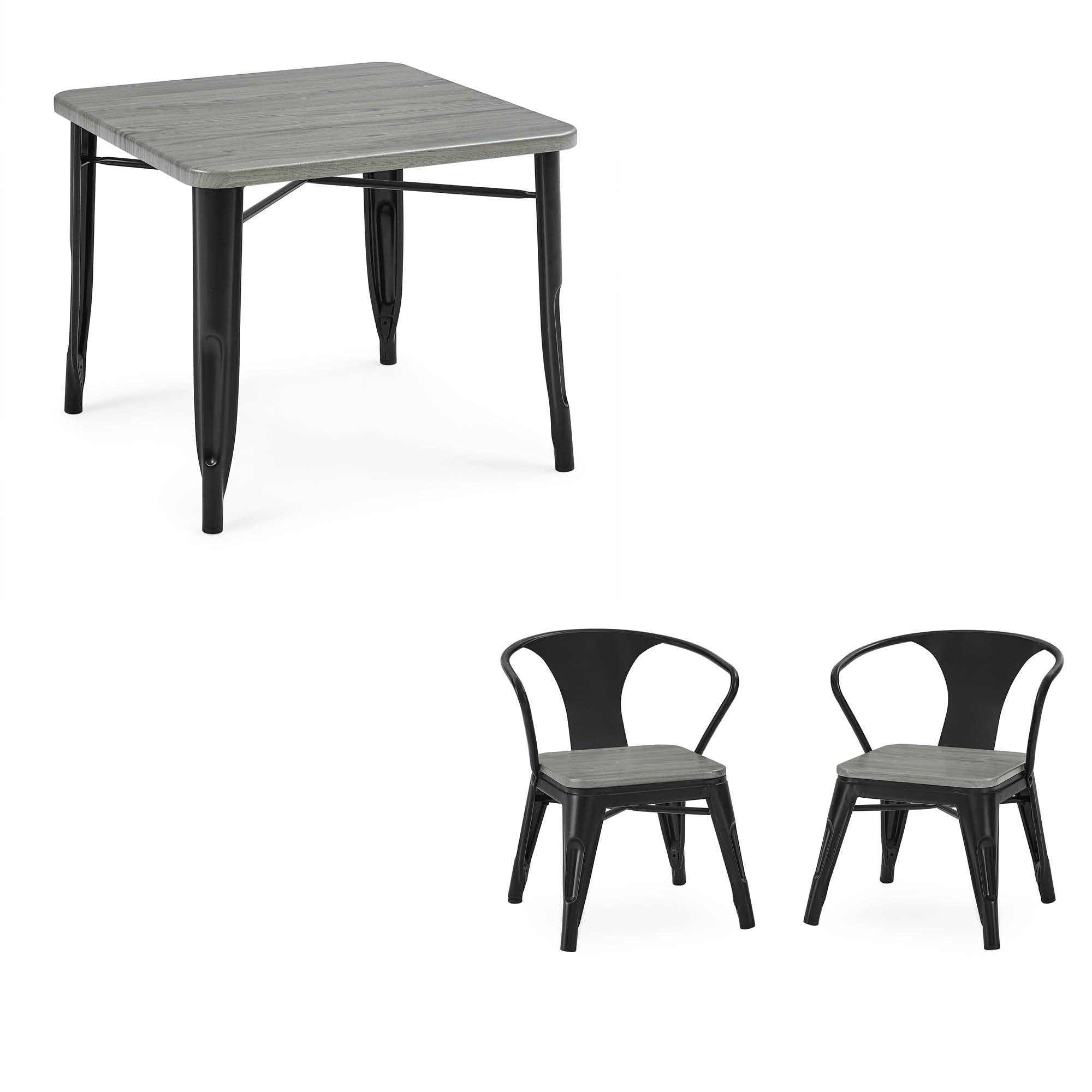 Delta Children Bistro Kids Play Table + Bistro 2-Piece Chair Set (Bundle), Black Metal/Grey Barnboard