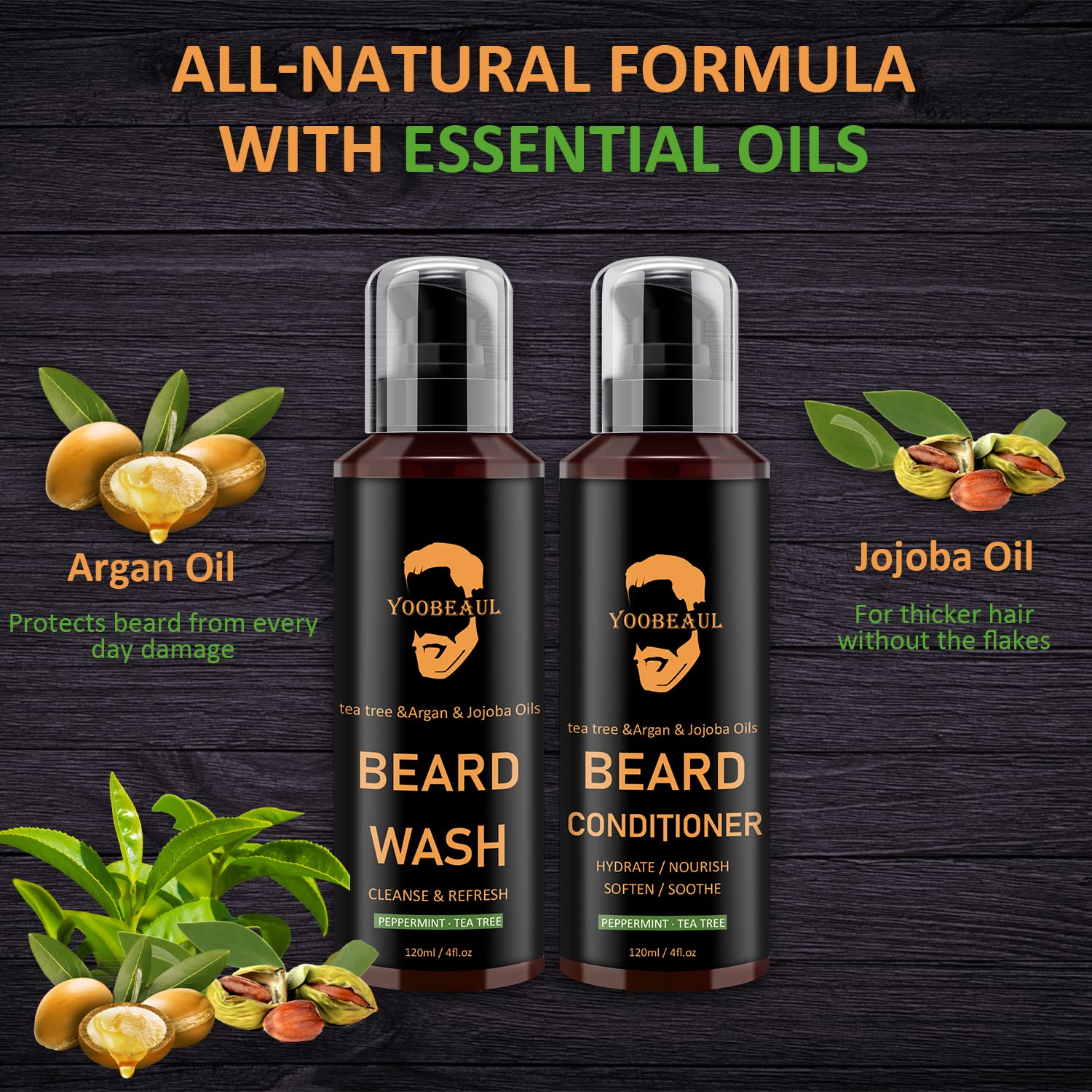 Beard Wash, Beard Conditioner & Beard Brush Set w/Argan & Tea Tree Oils - Natural Mint Tea Tree Scent - Softens & Strengthens, Shine, Reduce Itchy - Scrub, Beard Shampoo w/Beard Oil 2 x 4 Fl Oz 120ML