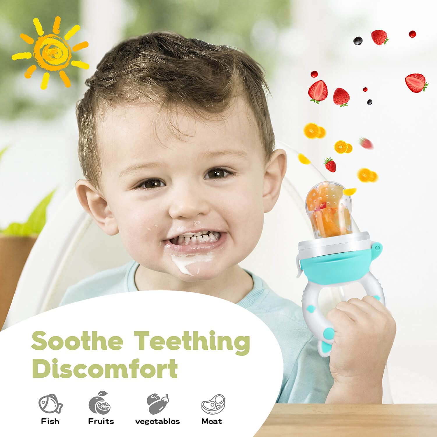 Baby Fruit Food Feeder Pacifier - Fresh Teething Pacifiers, Infant Fruit Teething Teether Toy for 3-24 Months, 6 Pcs Silicone Pouches for Toddlers & Kids & Babies, Piggy Handle 2-Pack (Blue)